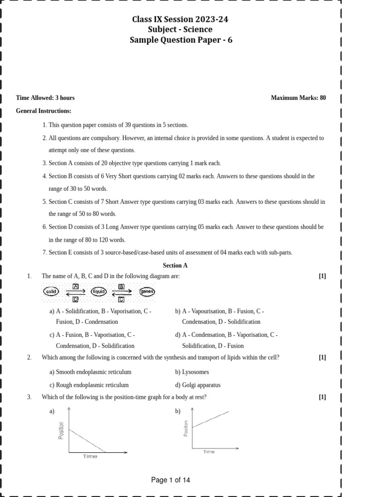 Class IX Session 2023-24 Subject - Science Sample Question Paper - 6 | PDF | Cell (Biology ...