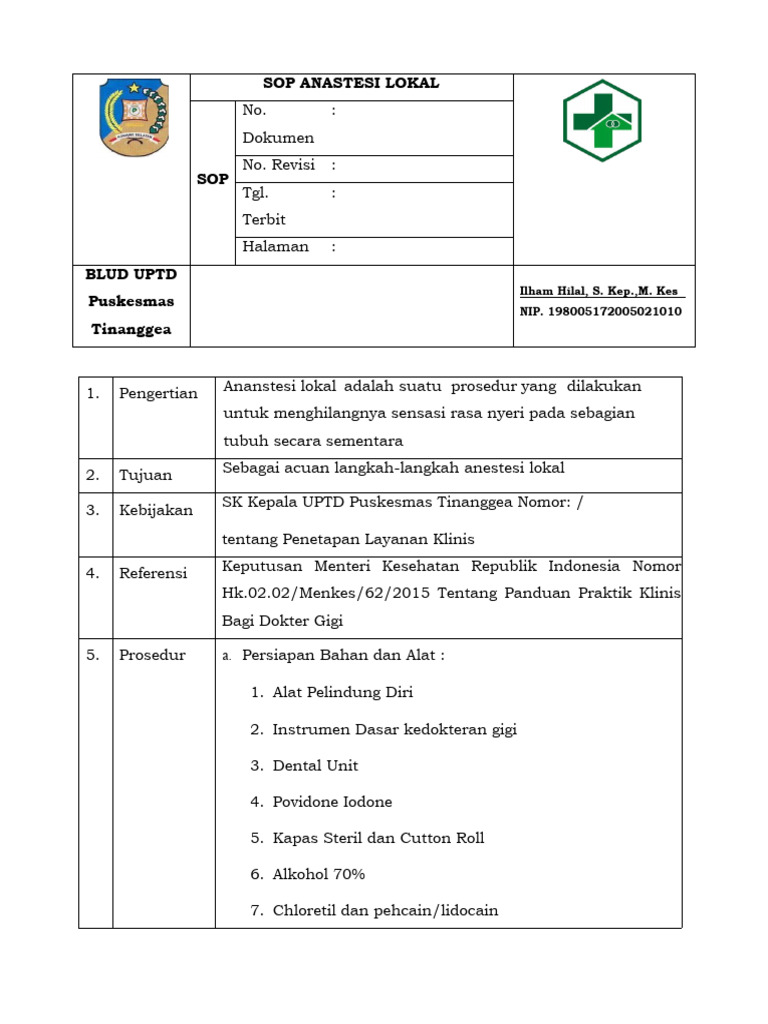 SOP Anestesi Lokal untuk Puskesmas | PDF | Sains & Matematika