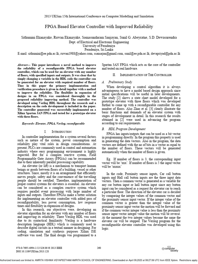 FPGA Based Elevator Controller With Improved Reliability | Download Free PDF | Field ...