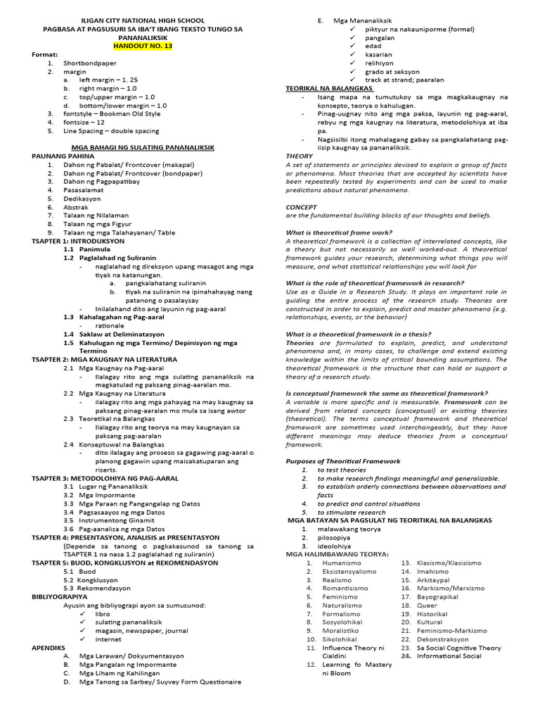 Pagbasa Handout 13 Bahagi NG Pananaliksik 2 | PDF | Theory | Cognition Pagbasa Handout 13 Bahagi NG Pananaliksik 2 | PDF | Theory | Cognition
