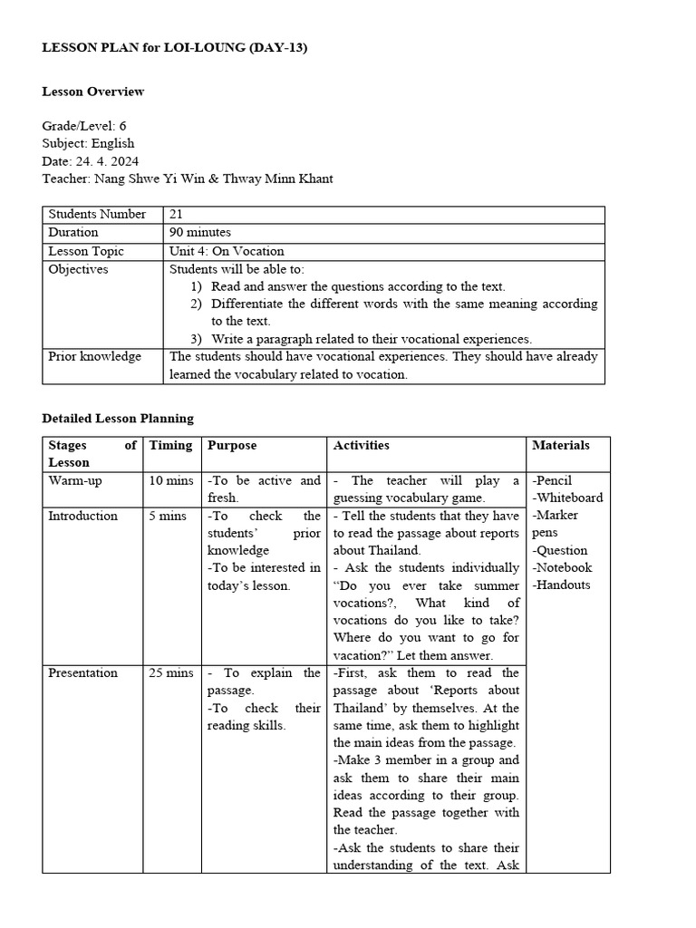 Lesson Plan Day 13 | PDF | Lesson Plan | Pedagogy