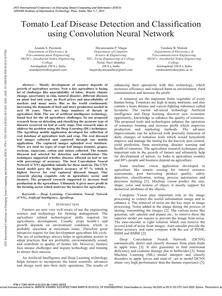 Tomato Leaf Disease Detection and Classification Using Convolution Neural Network | Download ...