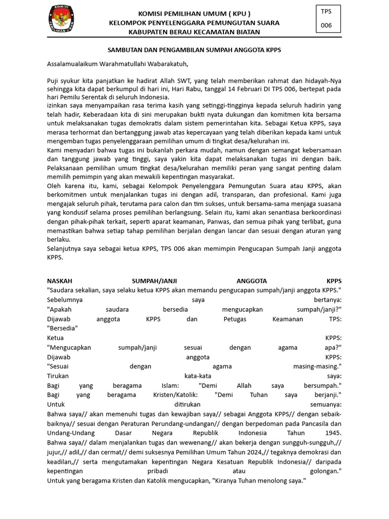 Sumpah KPPS TPS 006 Biatan | PDF