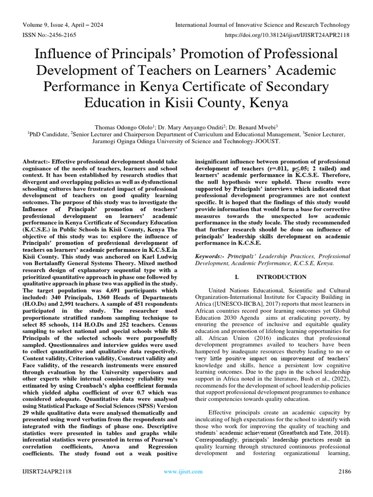 Influence of Principals’ Promotion of Professional Development of ...