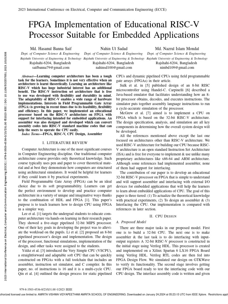 FPGA Implementation of Educational RISC - V Processor Suitable For Embedded Applications | PDF ...