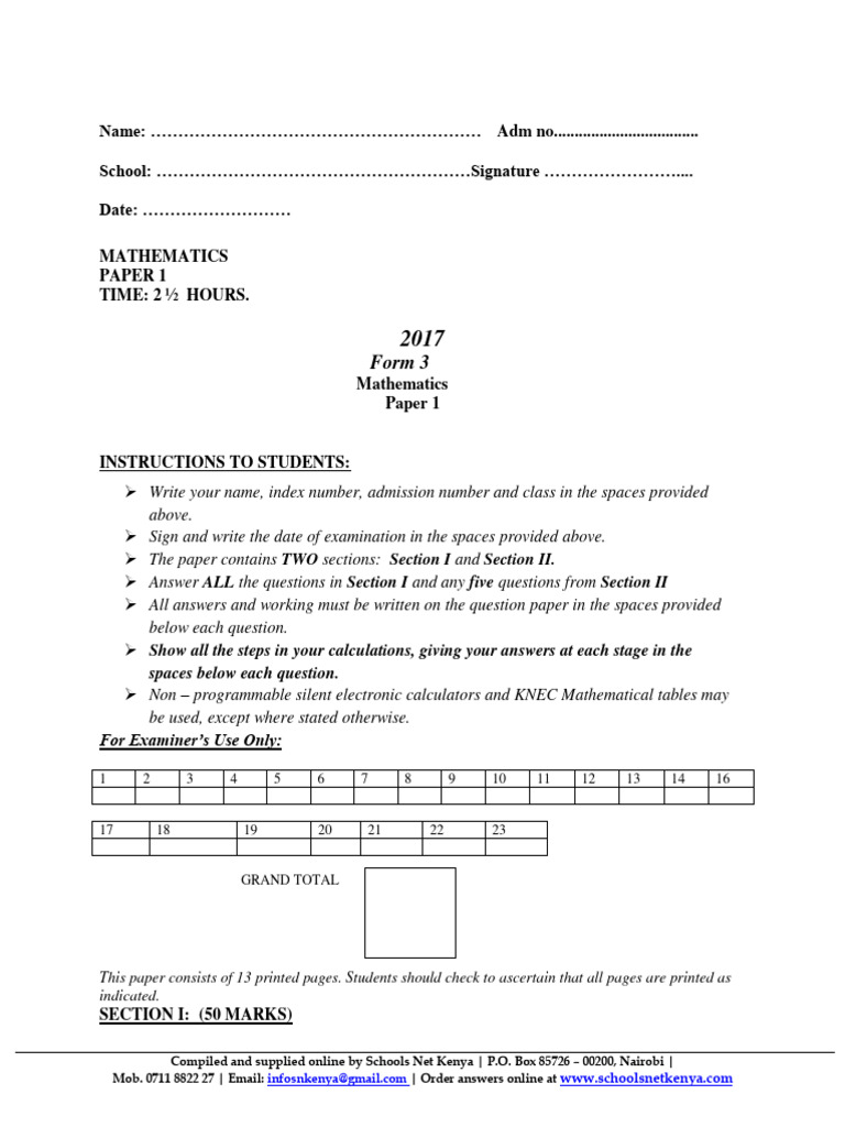 Mathematics Paper 1 Questions Form 3 Term 3 2017 | PDF | Pound Sterling