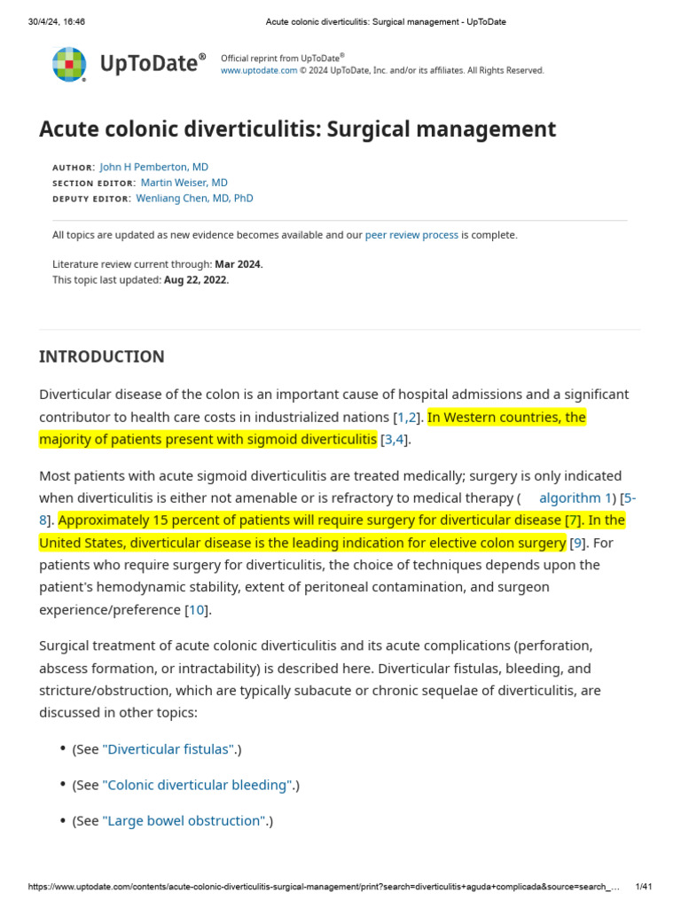 Acute Colonic Diverticulitis - Surgical Management - UpToDate ...