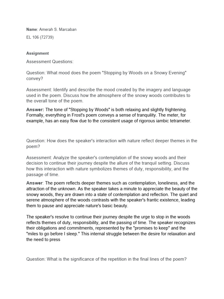 Assignment Poem (Stopping by Woods by Frost) | PDF | Poetry