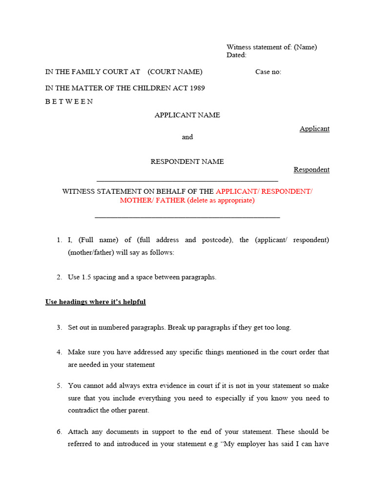 Family Court Witness Statement Template | PDF | Foreign Language Studies