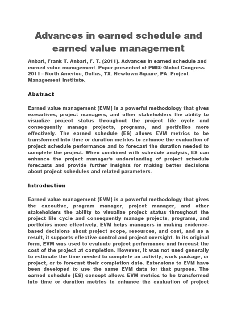 Advances in earned schedule and earned value management | PDF