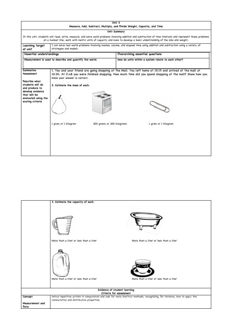 Grade 3 Unit 3 Scope and Sequence | PDF | Measurement | Litre