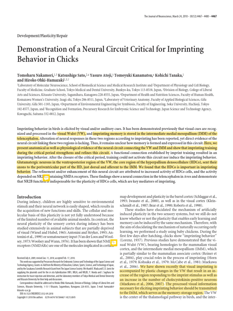 Demonstration of A Neural Circuit Critical For Imprinting Behavior in ...