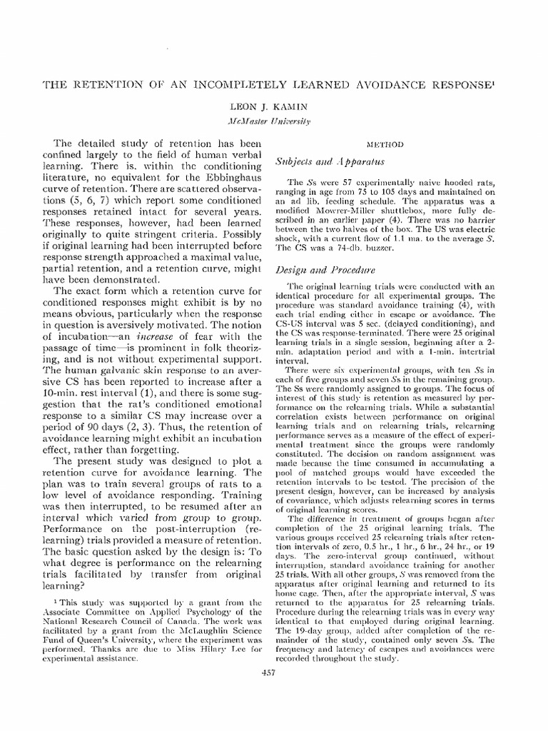 Kamin 1957 | PDF | Classical Conditioning | Experiment