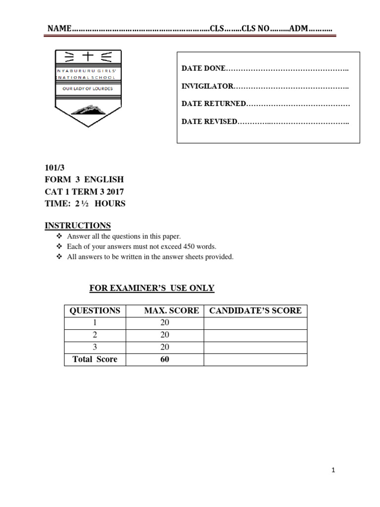 Ex20242901001-English Form 3 Term 3 Exams | PDF