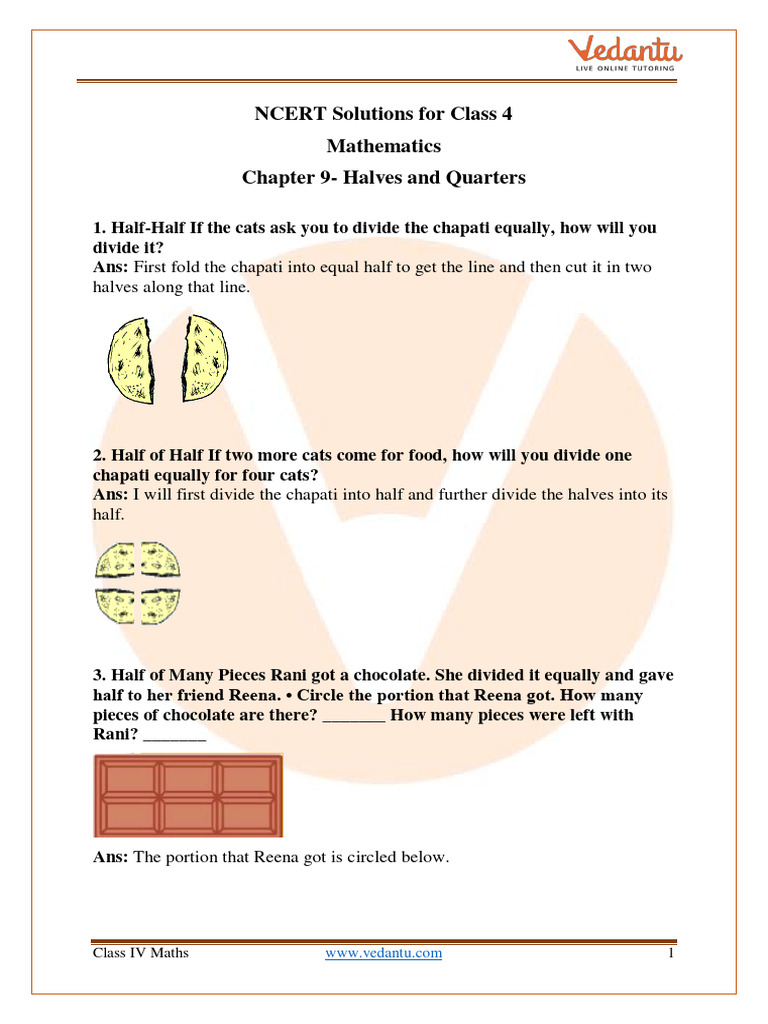 NCERT Solutions For Class 4 Maths Chapter 9 Halves and Quarters. | PDF ...