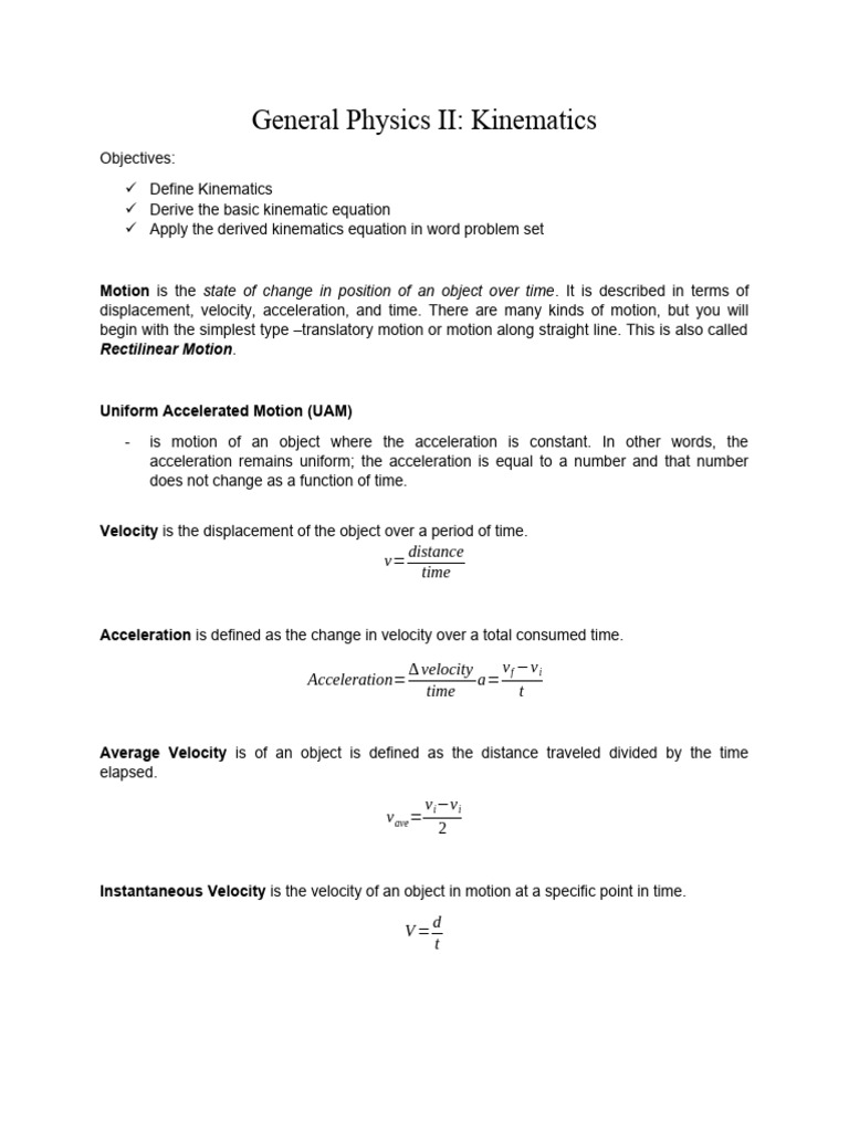 Kinematics Notes | PDF | Velocity | Kinematics