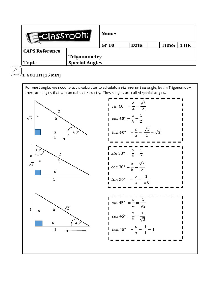gr10t2 Trigonometry Special Angles | PDF | Euclid | Combinatorics