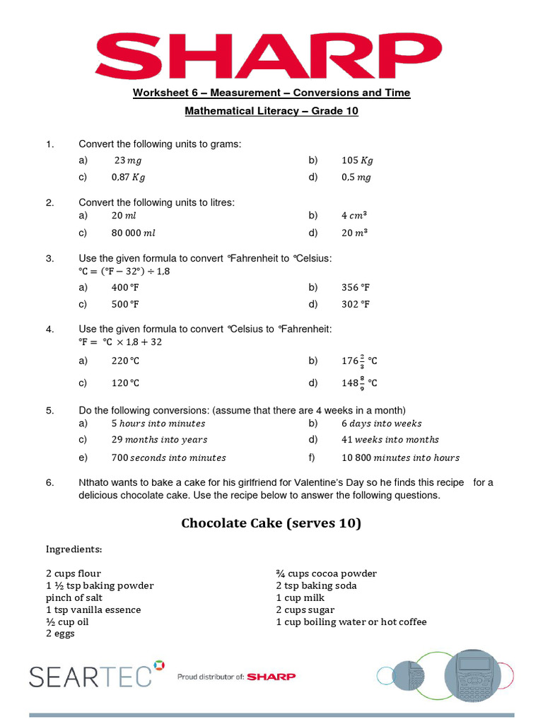 Worksheet 6 Measurement - Conversions and Time Grade 10 Mathematical ...