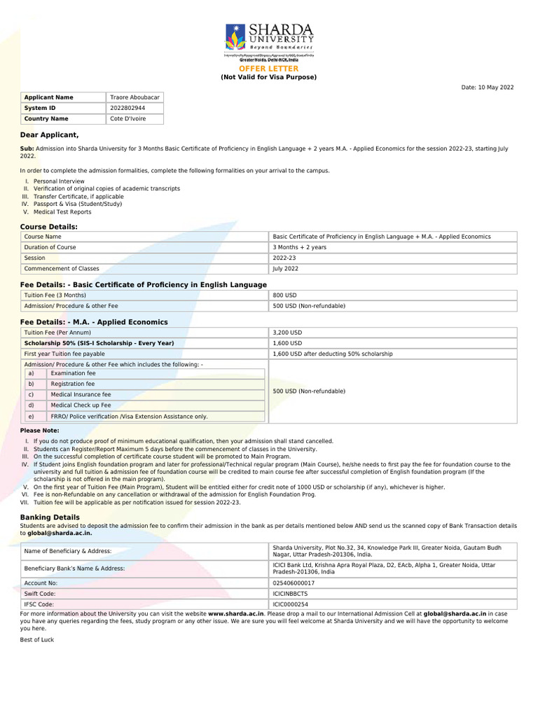 2022802944_offer_letter | PDF | Travel Visa | Fee