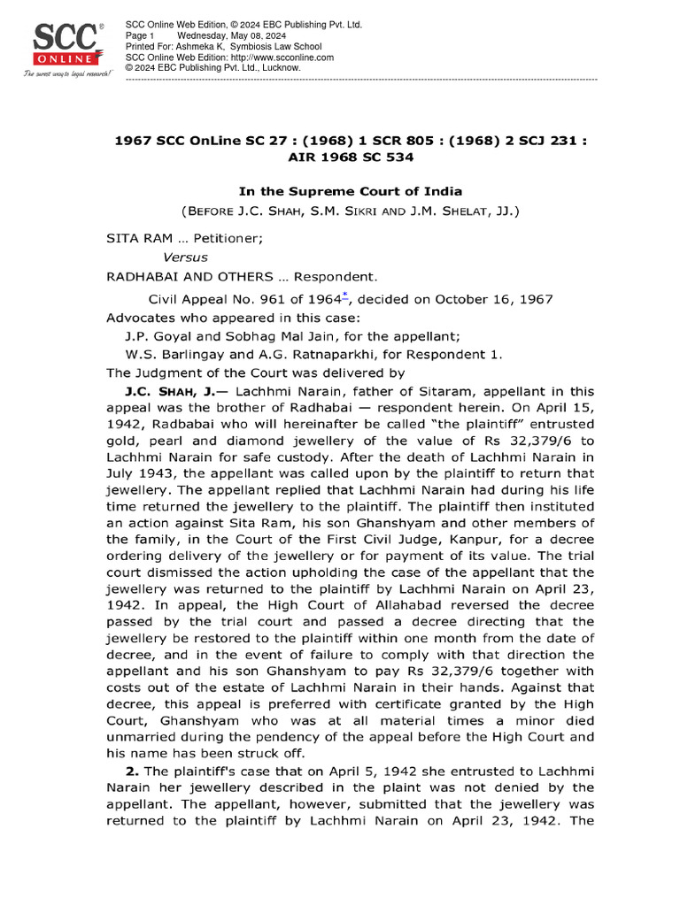 Sitaram V Radhabai AIR 1968 SC 534 | PDF