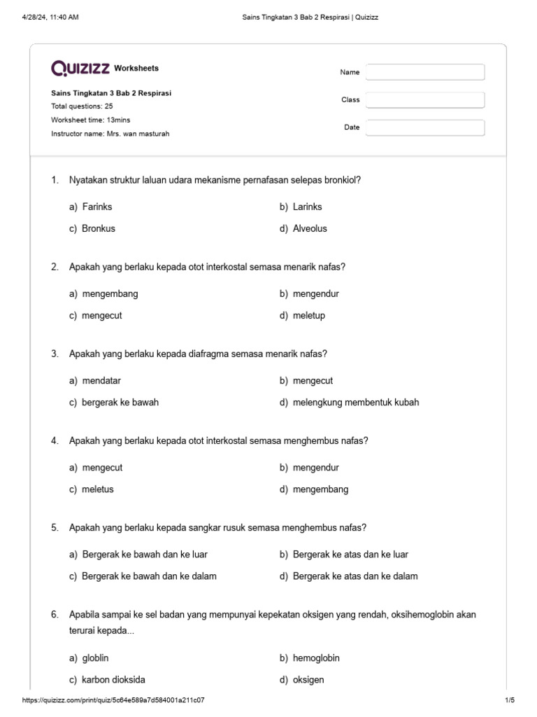 Sains Tingkatan 3 Bab 2 Respirasi Quizizz Pdf