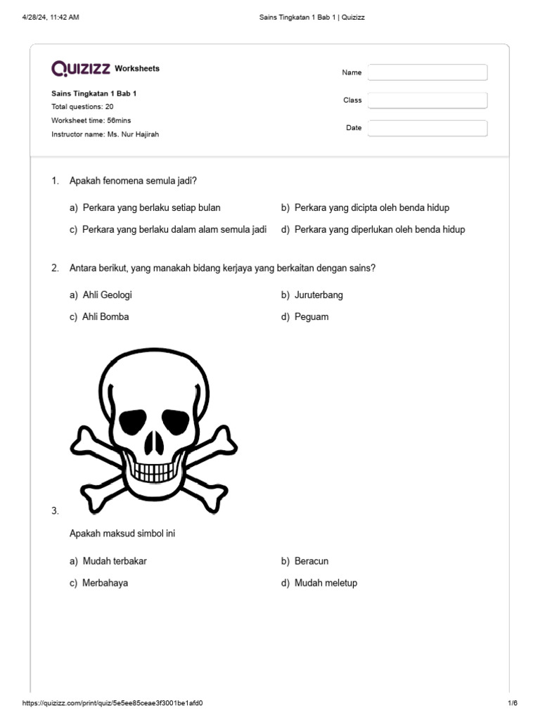Sains Tingkatan 1 Bab 1 - Quizizz | PDF