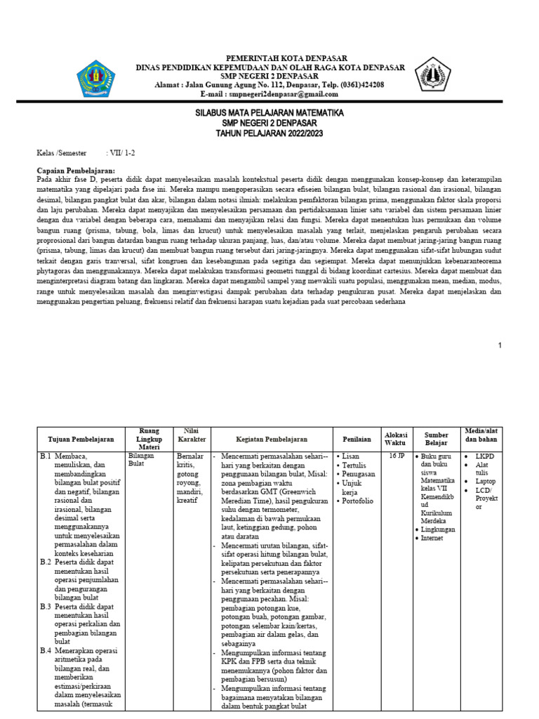 SILABUS Kelas 7 Kurikulum Merdeka | PDF