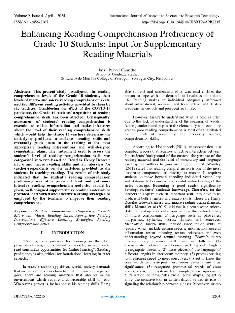 Enhancing Reading Comprehension Proficiency of Grade 10 Students: Input ...