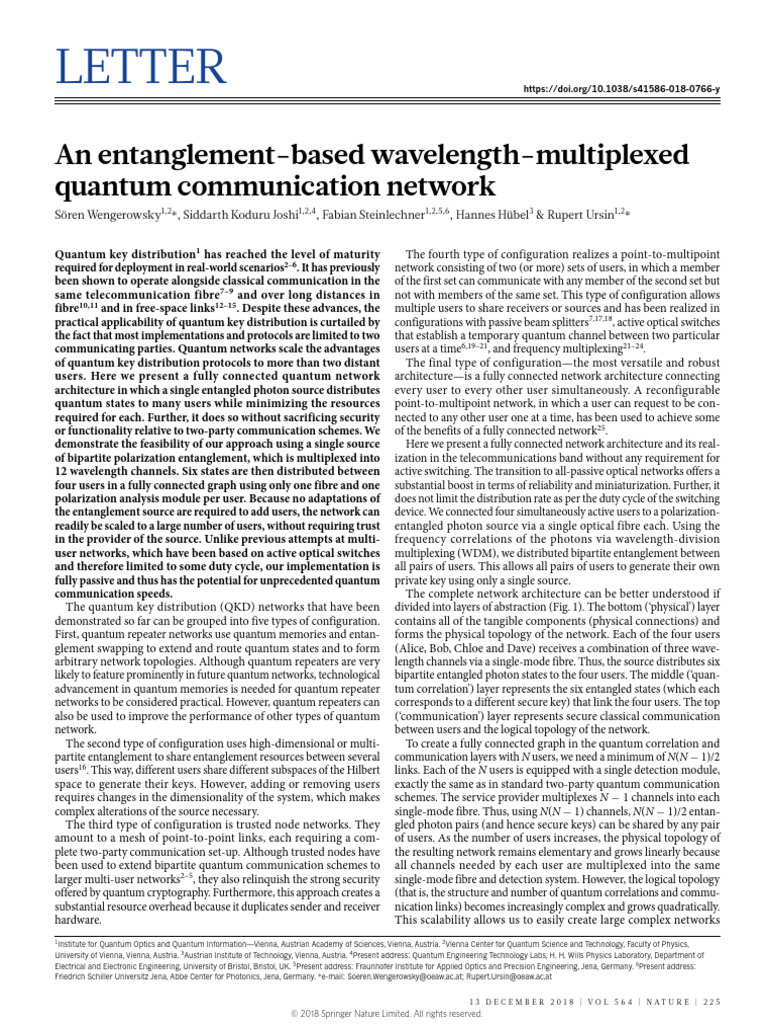 An Entanglement-Based Wavelength-Multiplexed Quantum Communication Network | PDF | Fiber Optic ...