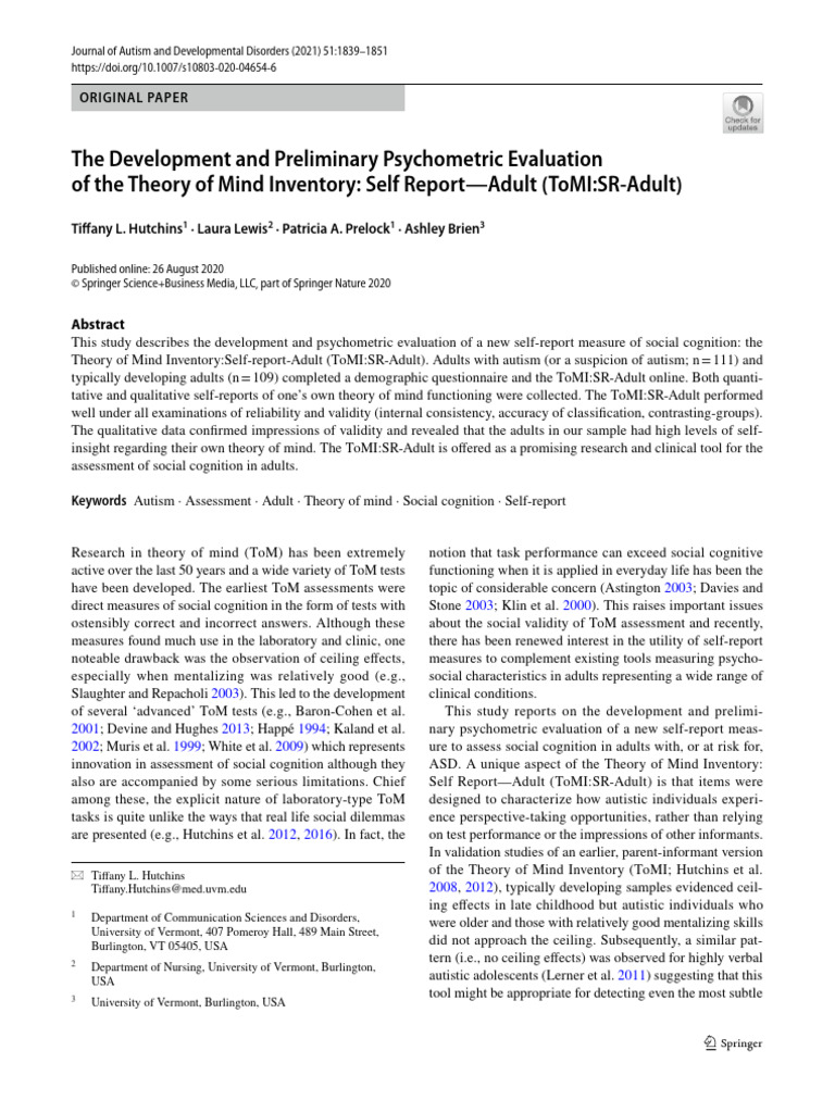 The Development and Preliminary Psychometric Evaluation of The Theory of Mind Inventory | PDF ...