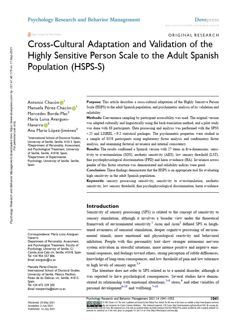 Cross-cultural adaptation and validation of the Highly Sensitive Person ... Cross-cultural adaptation and validation of the Highly Sensitive Person ...