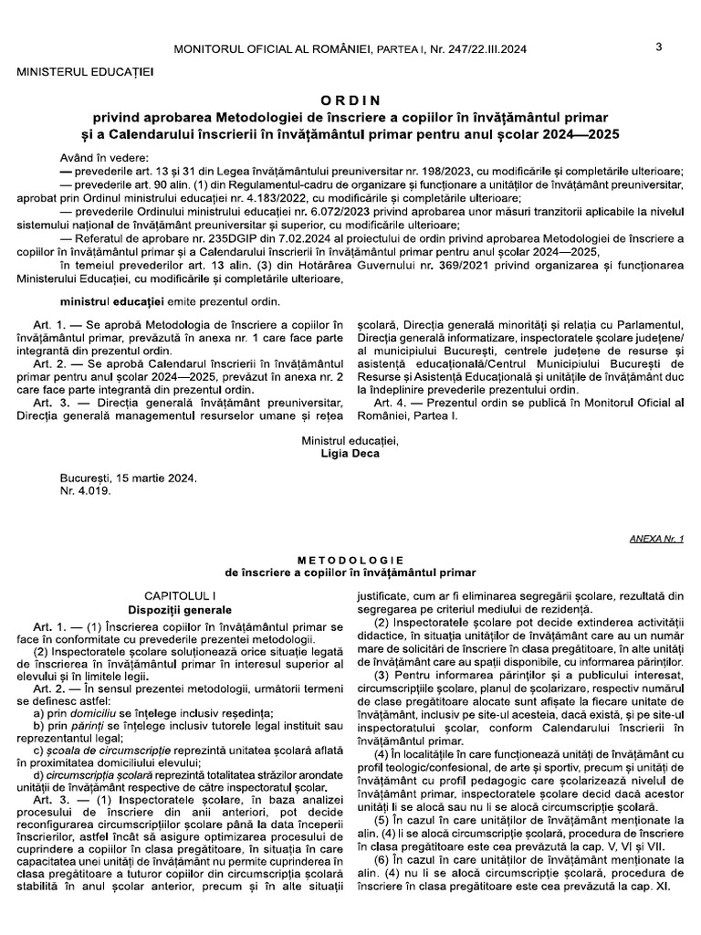 Ordinu 4019 Inscriere Inv Primar | PDF