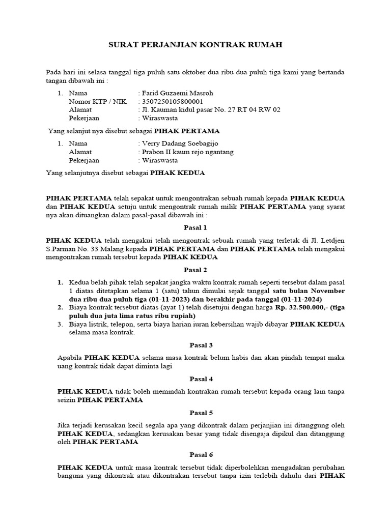 Surat Perjanjian Kontrak Rumah | PDF
