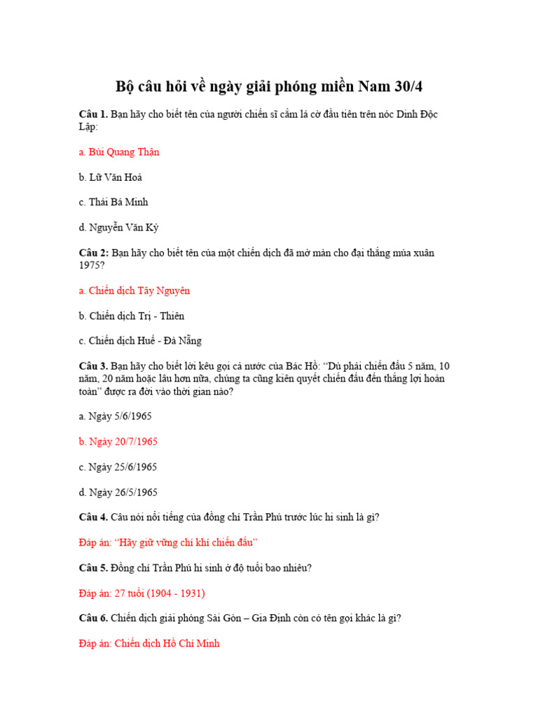 Bo Cau Hoi Trac Nghiem Ve Ngay 30 4 | PDF
