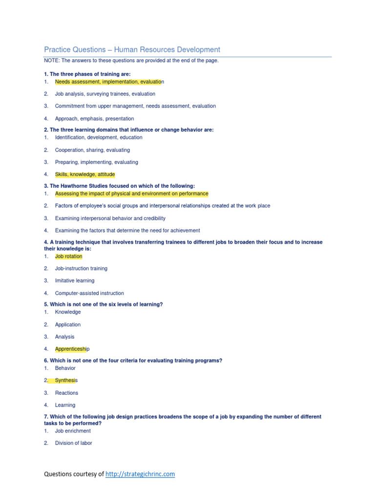 Practice Questions Unit 3 Human Resource Development Training | PDF | Employment | Evaluation