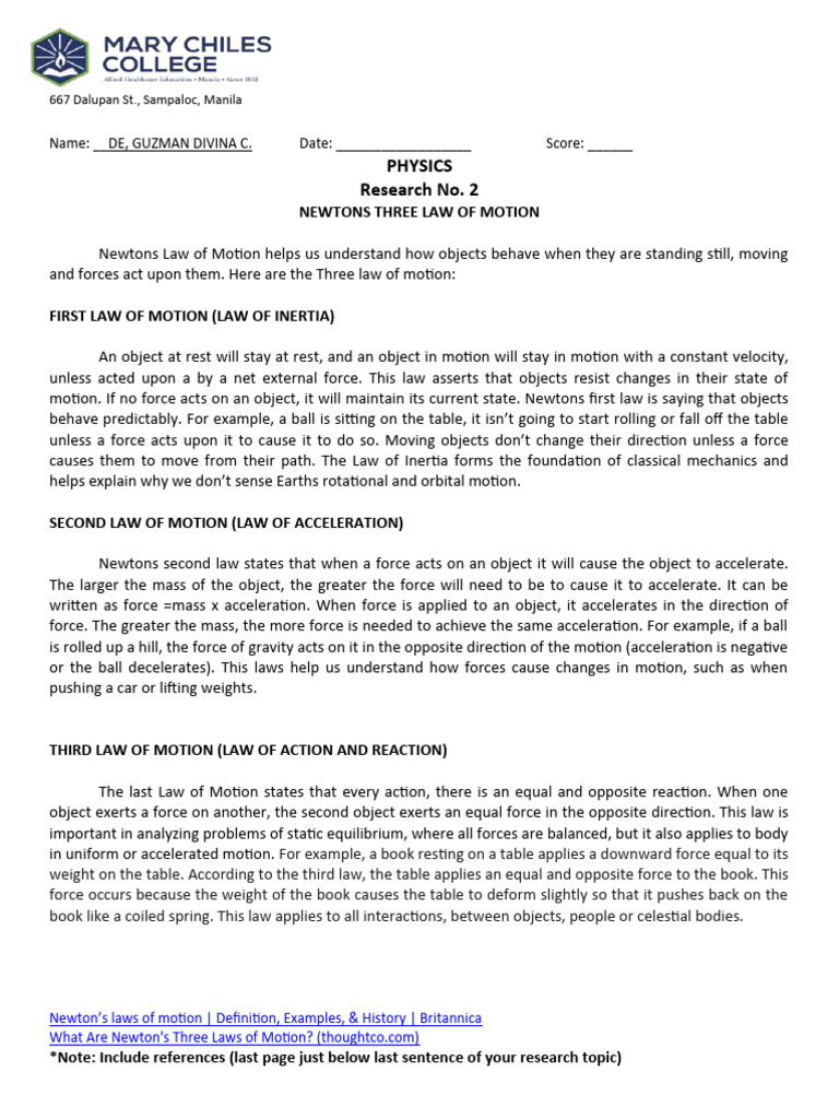 Research-2 - NEWTONS 3 LAW OF MOTION | PDF | Force | Newton's Laws Of ...