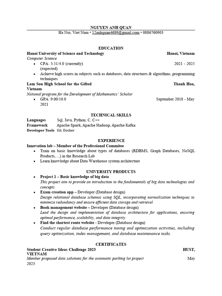 CV - Lý lịch | PDF | Databases | Relational Database