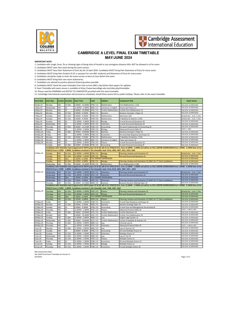 Cambridge A Level MayJune 24 Exam Timetable (With Venue) v1 | PDF