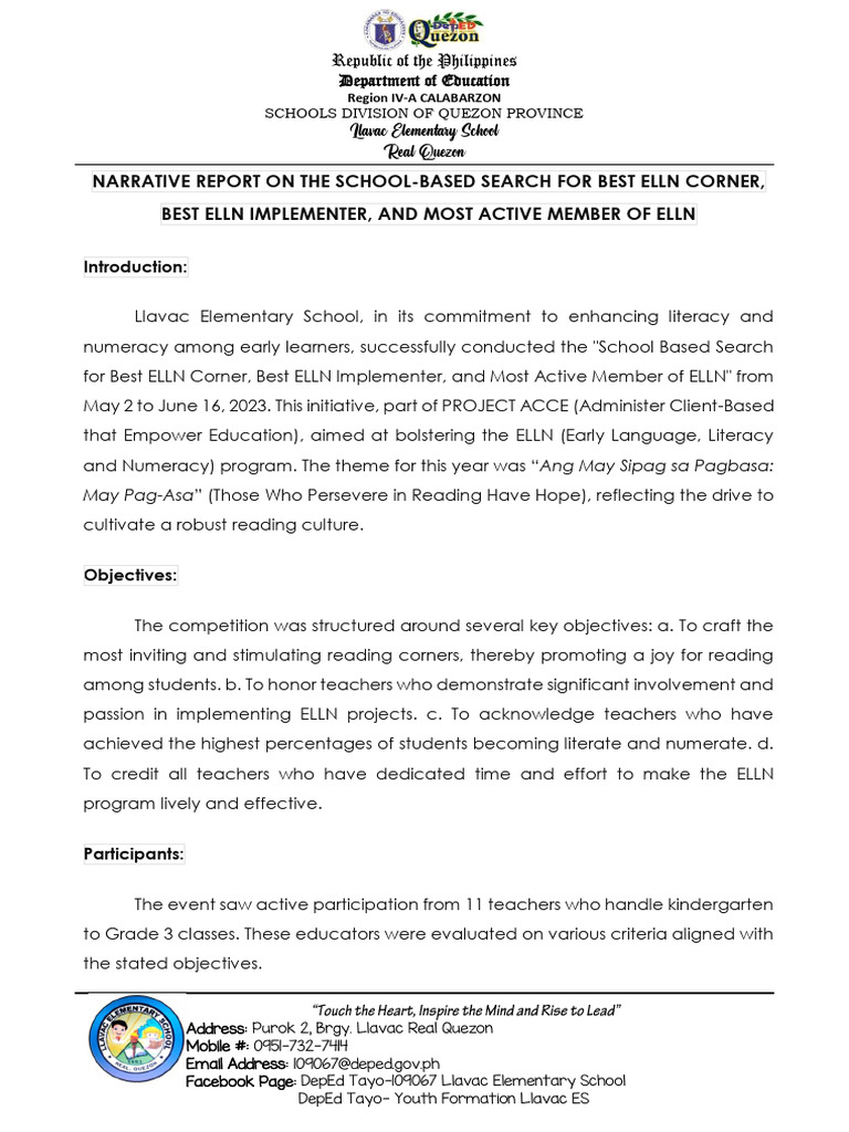 NARRATIVE REPORT ON ELLN SEARCH in LLAVAC ELEMENTARY SCHOOL | PDF ...
