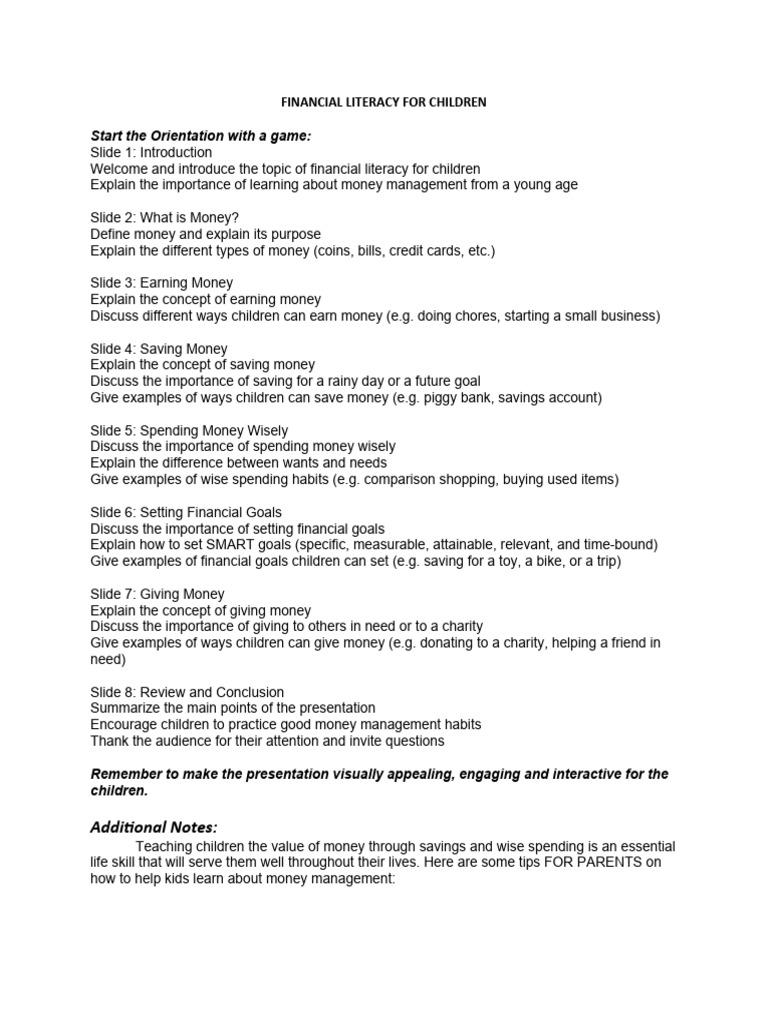 Financial Literacy For Children | PDF | Money | Financial Literacy