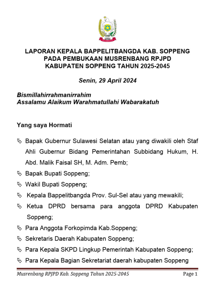 Laporan Kepala Bappeda Dalam Musrenbang RPJPD Kab - Soppeng Tahun 2025-2045 | PDF