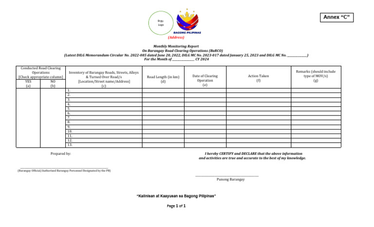 Annex C - Barangay BaRCO Monthly Monitoring Report Template With PBs ...
