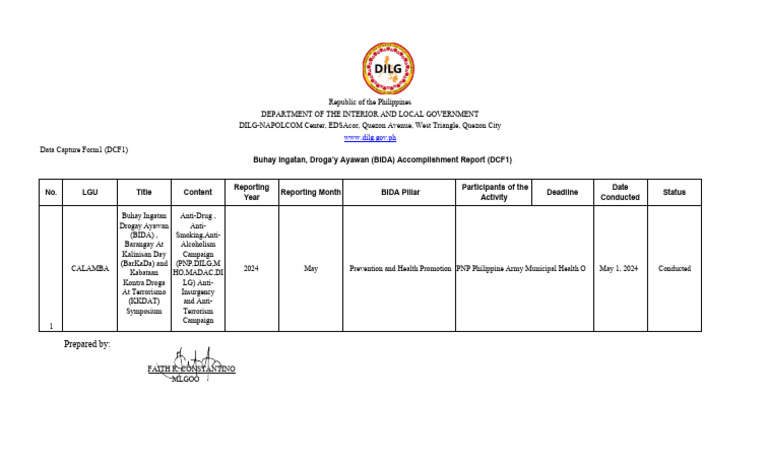 DCF1 Editable Template Buhay Ingatan Drogay Ayawan BIDA Accomplishment Report Calamba | PDF