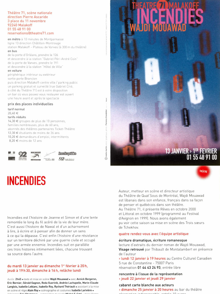 2004 01 13 Wajdi Mouawad Incendies Théâtre 71 Malakoff | PDF