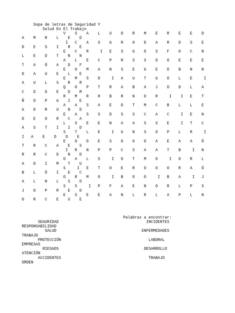 Sopa de Letras de Seguridad y Salud en El Trabajo | PDF | Cuidado de la ...