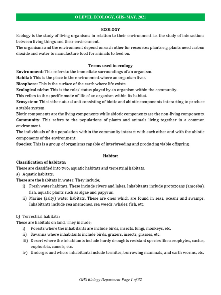 O Level Ecology 2021 Notes Gayaza High School | PDF | Food Web | Predation