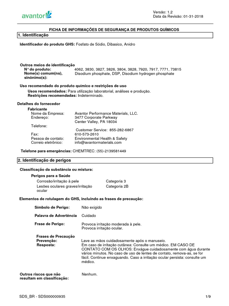 FOSFATO DE SODIO DIBASICO Anidro - J T Baker Avantor | PDF ... FOSFATO DE SODIO DIBASICO Anidro - J T Baker Avantor | PDF ...