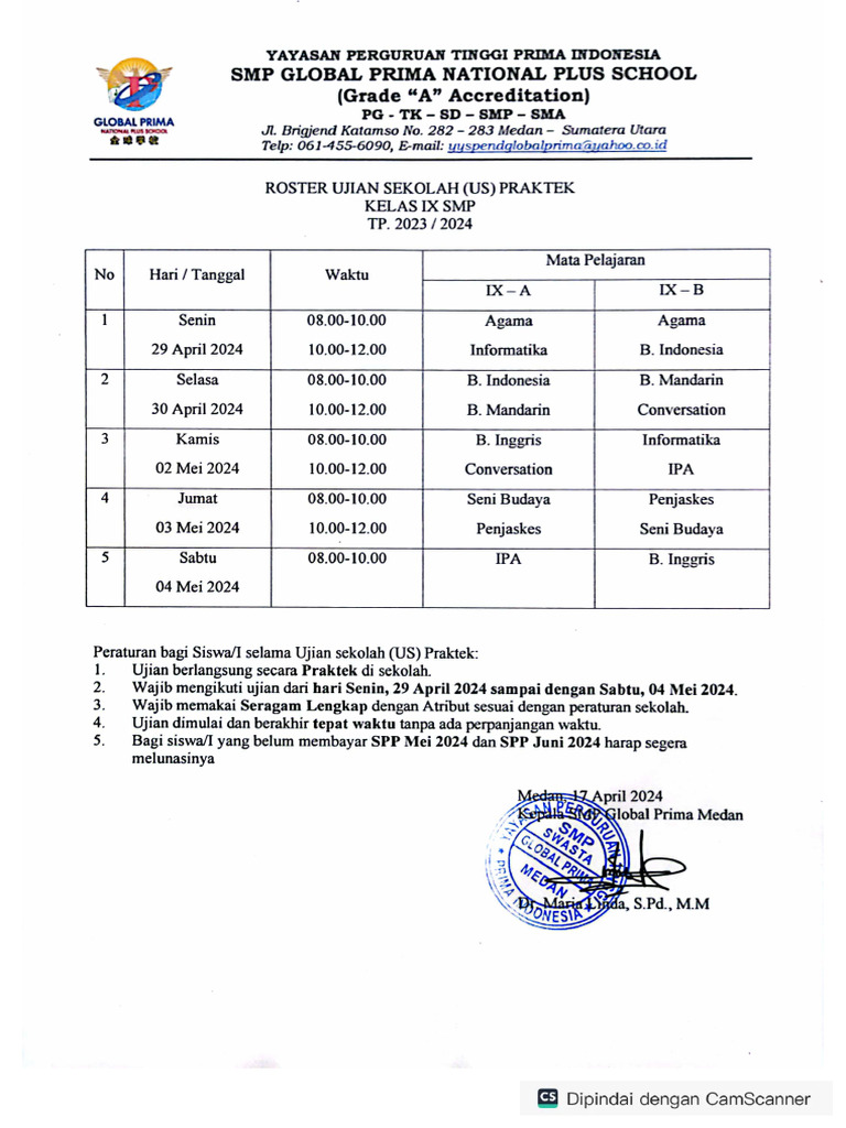 Roster Ujian Sekolah Praktek Dan Tertulis SMP 2023 2024 | PDF