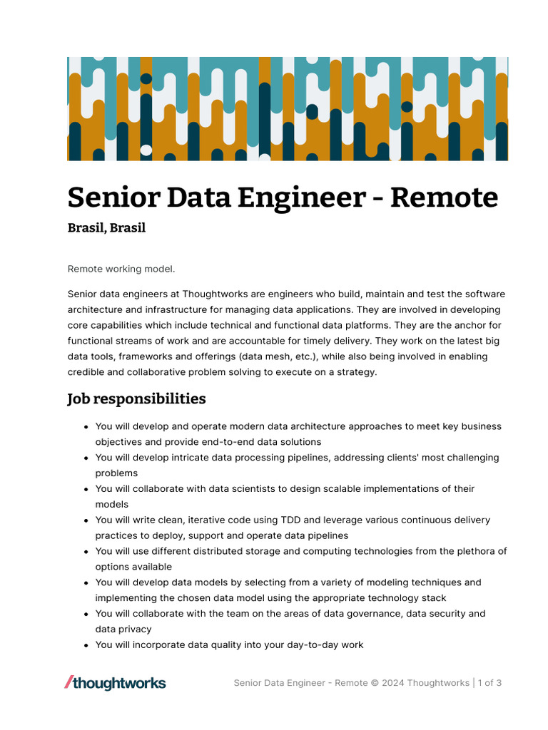Senior Data Engineer Role at Thoughtworks | PDF | Apache Spark | Cloud Computing
