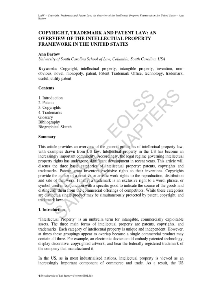 Unesco - Eolss Sample Chapters: Overview of The Intellectual Property Framework in The United ...